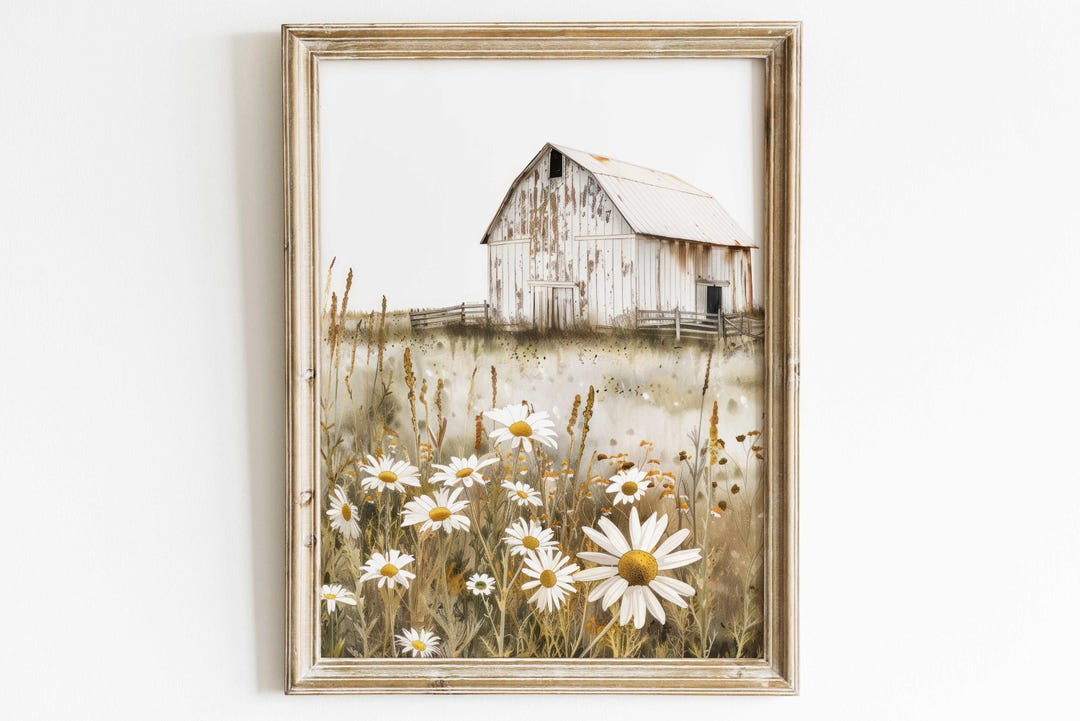 Vintage Barn Print, White Barn Painting, Rustic Farmhouse, Vintage ...