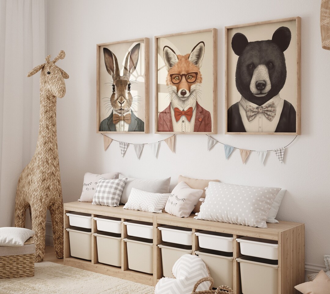 Woodland Animals Wall Art, Set of 3, Red Fox, Hare and Bear in Suits ...