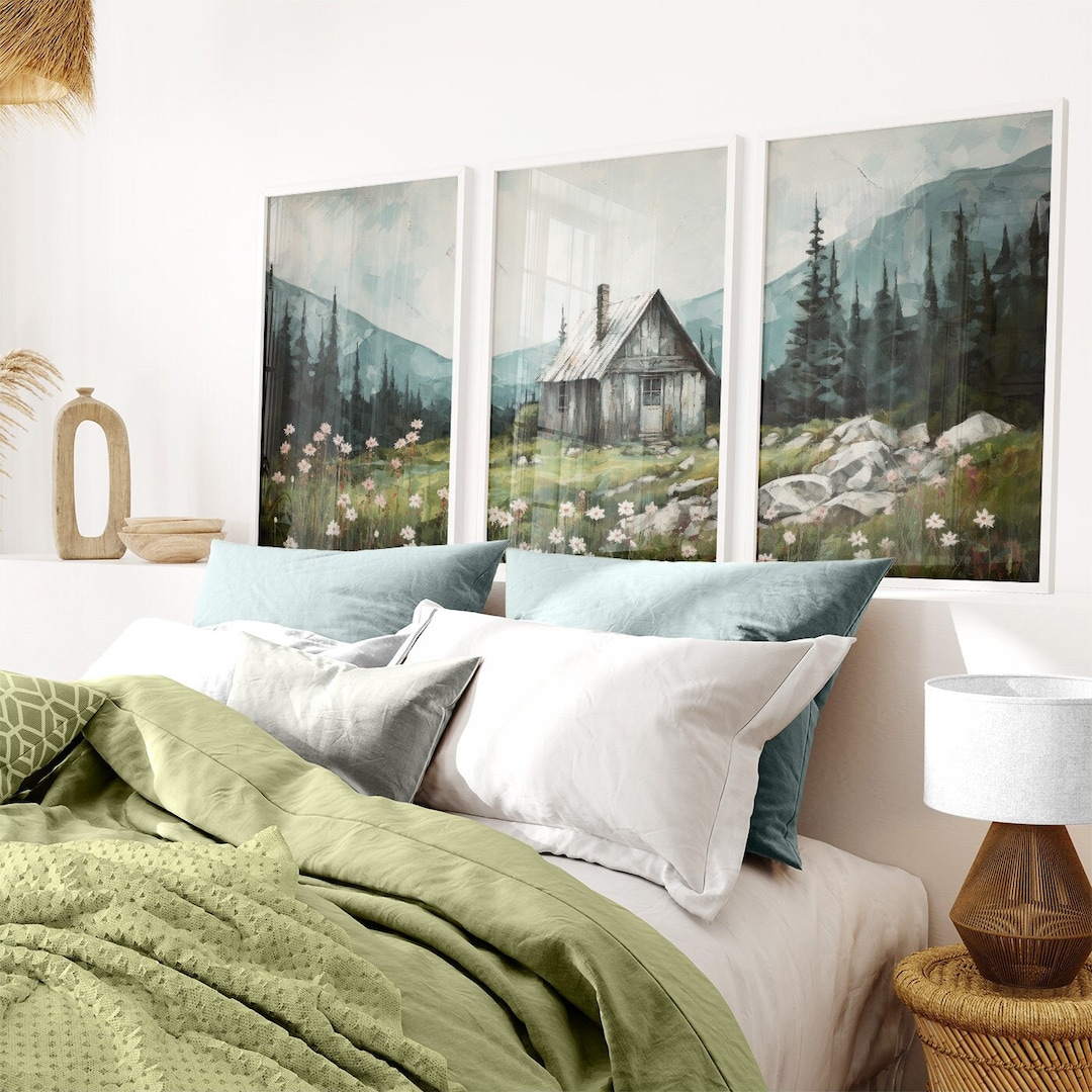Mountain Cabin Print, Country Cottage Art, Set of 3, Rustic Landscape ...