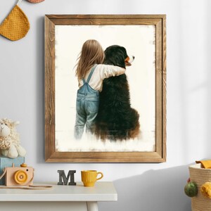 Girl & Bernese Mountain Dog Art Print, Bernese Mountain Dog Nursery Decor, Berner Sennen ...