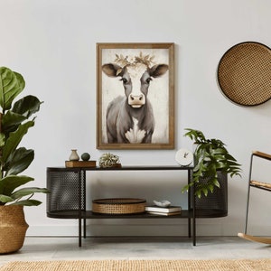 Vintage Cow Portrait, Animal With Flowers, Cow Wall Art, Rustic ...