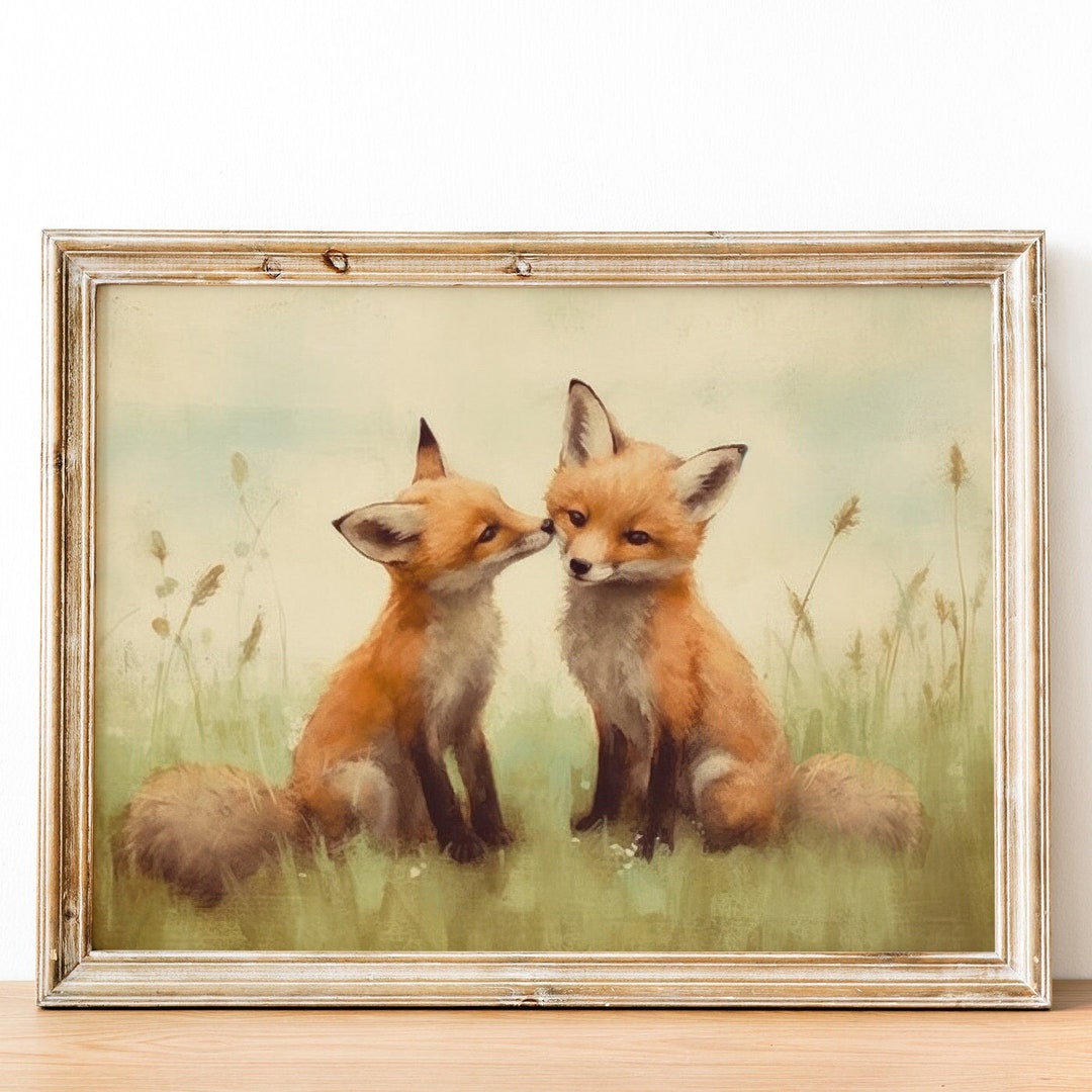 Fox Wall Art, Cute Vintage Animal Art, Baby Fox Painting, Perfect for ...