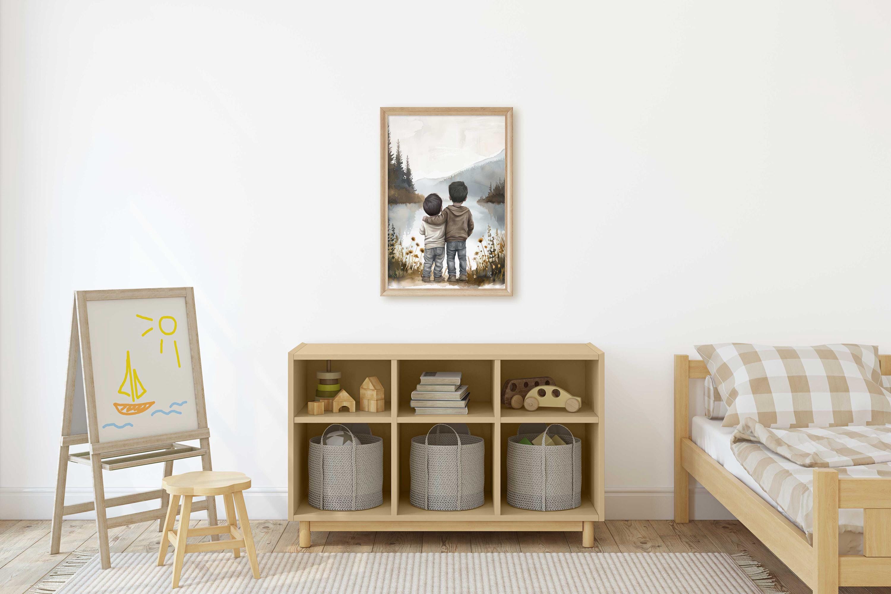 Two Little Brothers Print, Brother Wall Art, Lake Nursery Art, Boy ...