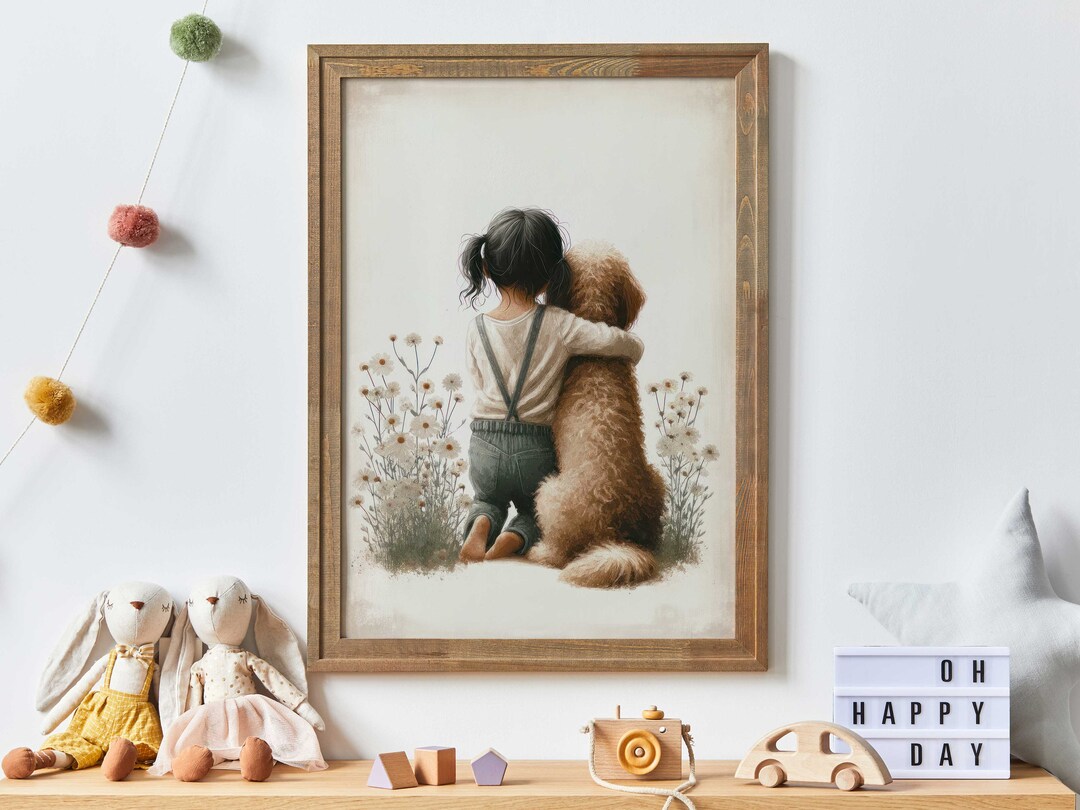 Goldendoodle Nursery Wall Art, Girl & Dog Painting, Golden Labradoodle ...