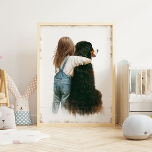 Girl & Bernese Mountain Dog Art Print, Bernese Mountain Dog Nursery Decor, Berner Sennen ...