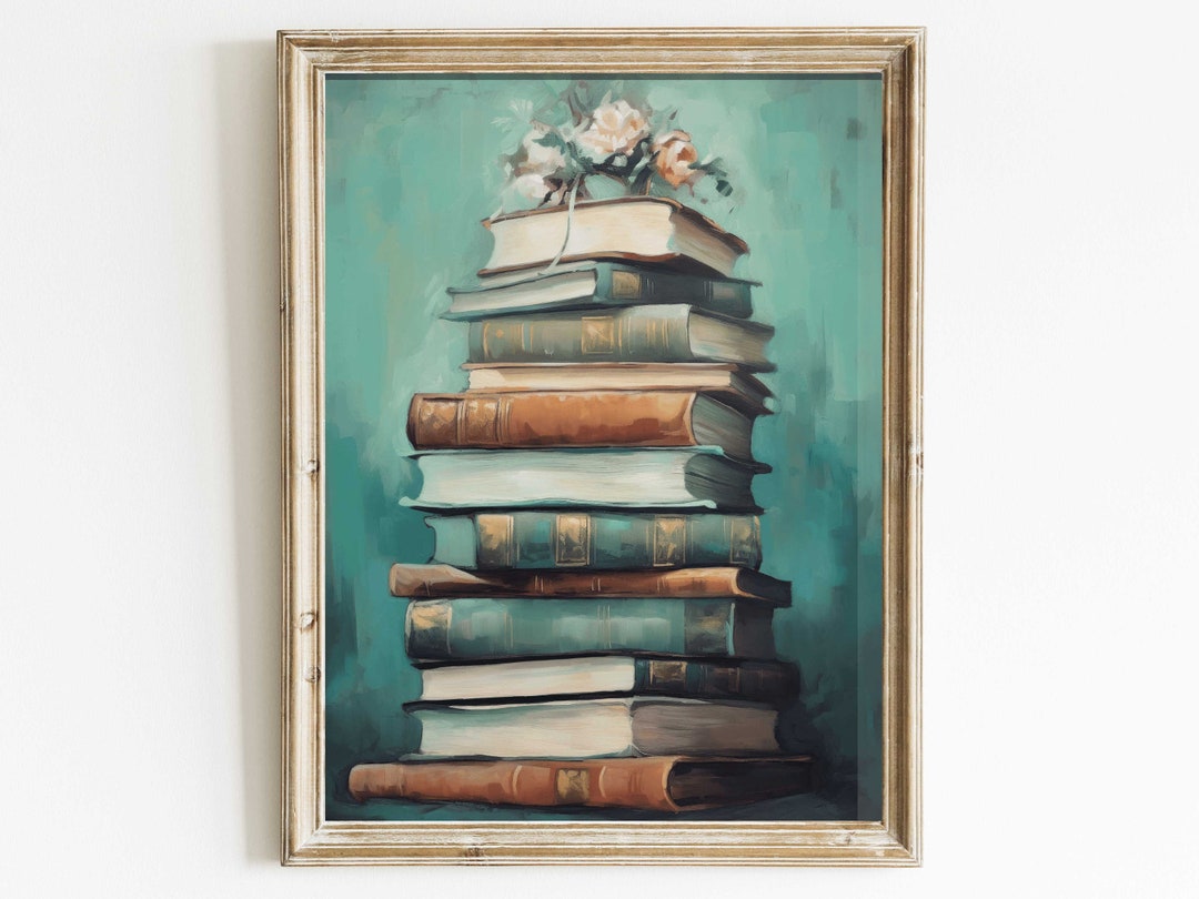 Books Stack Print, Book Lover Art Print, Reading Corner Decor, Old ...