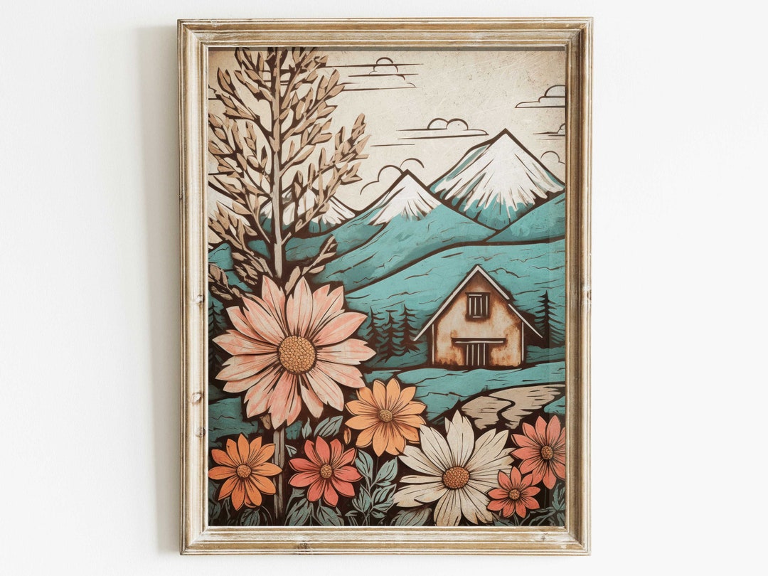 Vintage Cabin Art, Mountain Cabin Print, Forest & Mountain Wall Art ...