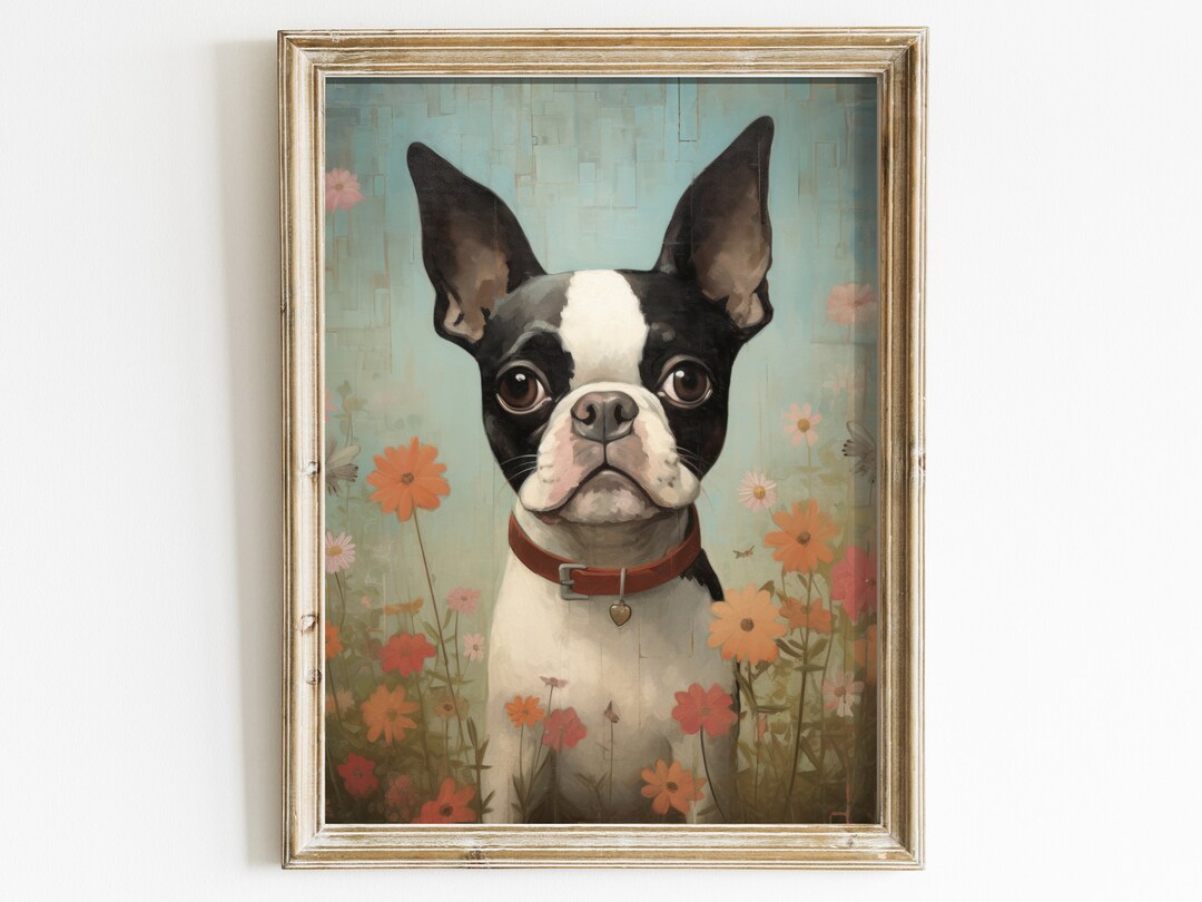 Boston Terrier's Vintage Wall Art - Boston Terrier Dog Amid Flowers ...