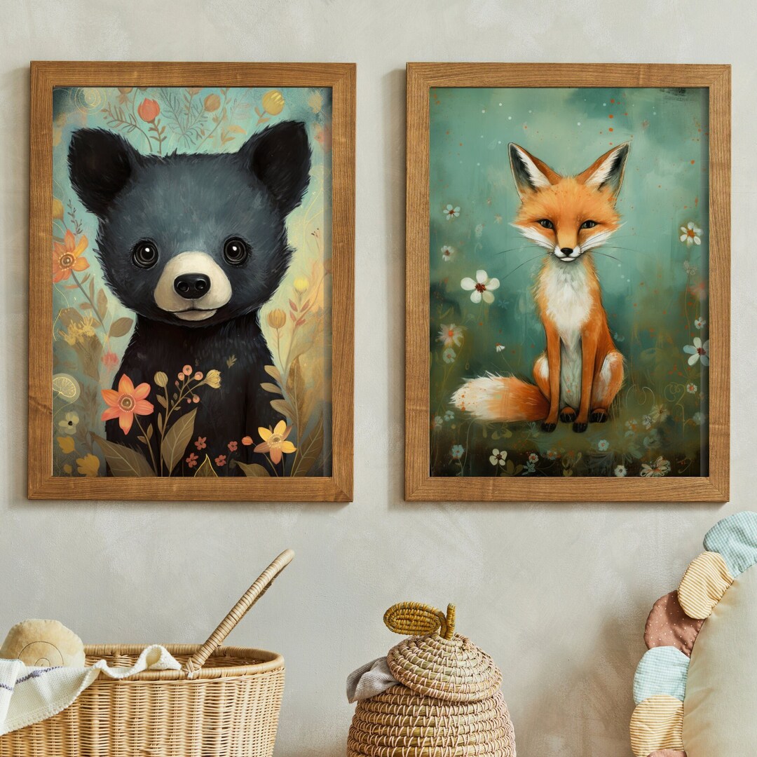 Woodland Animals Prints, Set of 2, Forest Animal Art, Bear Wall Art ...