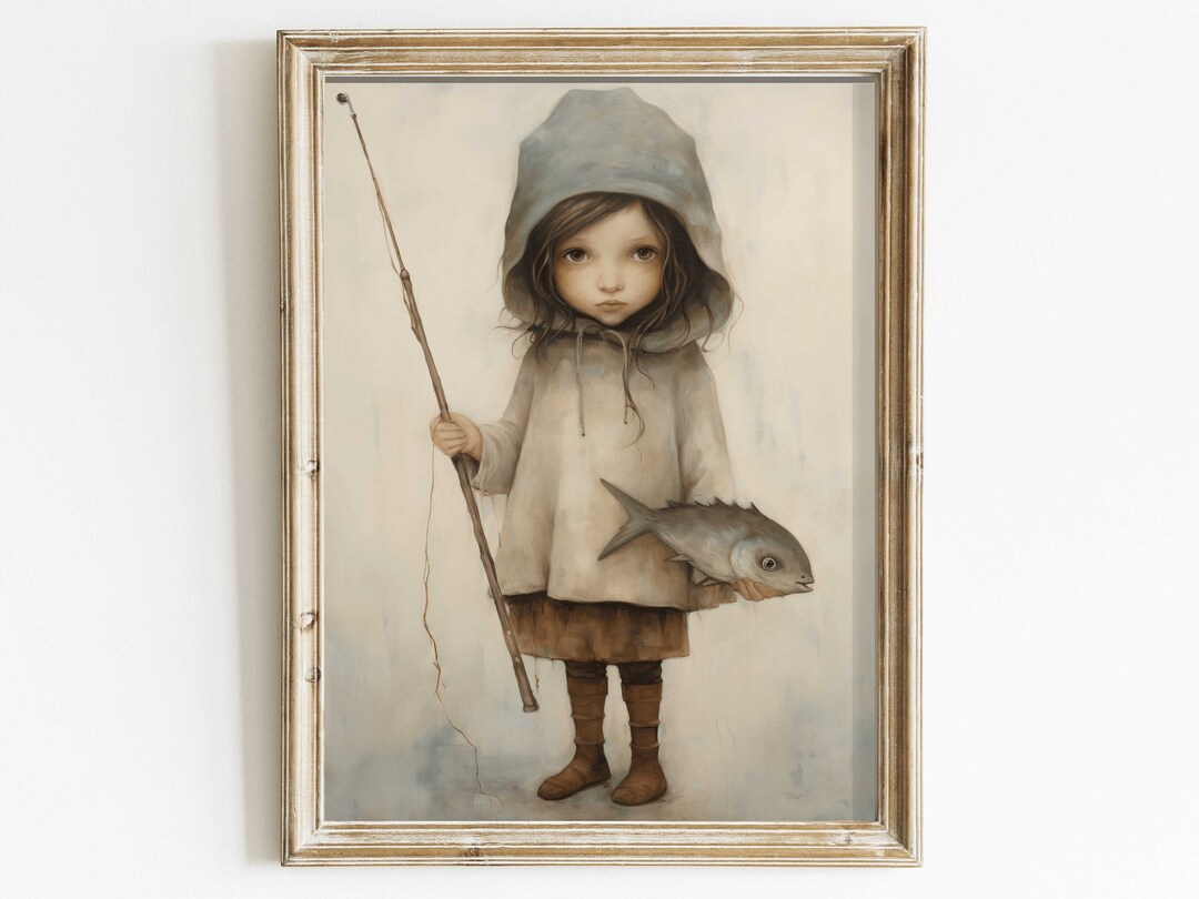 Fishing Nursery Decor, Little Girl Fisher Holding Fish and Fishing Rod ...