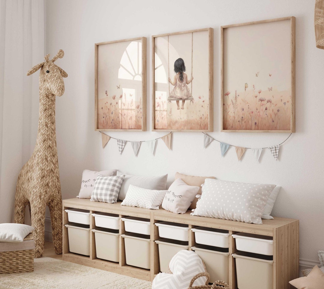 Girly Vintage Wall Art, Girl on a Swing Painting, Toddler Girl Room ...