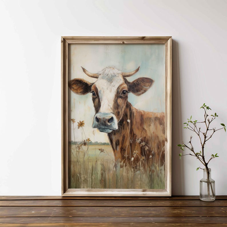 Vintage Cow Portrait, Whimsical Cow Wall Art, Cattle Art, Farmhouse ...