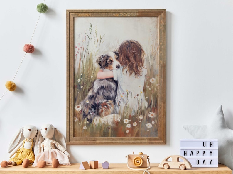 Australian Shepherd Nursery Decor, Girl & Dog Art Print, Aussie Wall ...