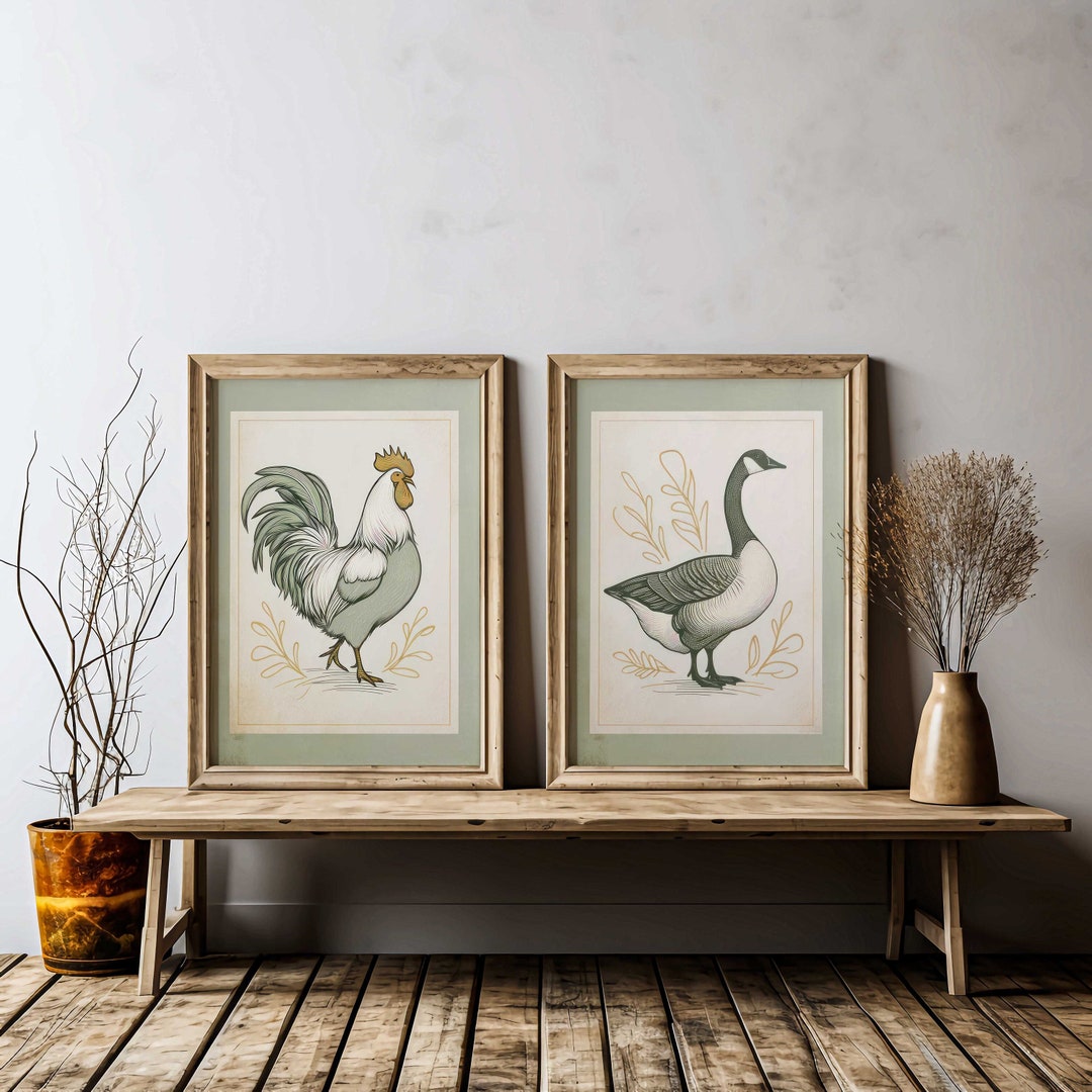 Farm Goose & Rooster Wall Art, Goose Print, Rooster Art, Vintage Farm ...