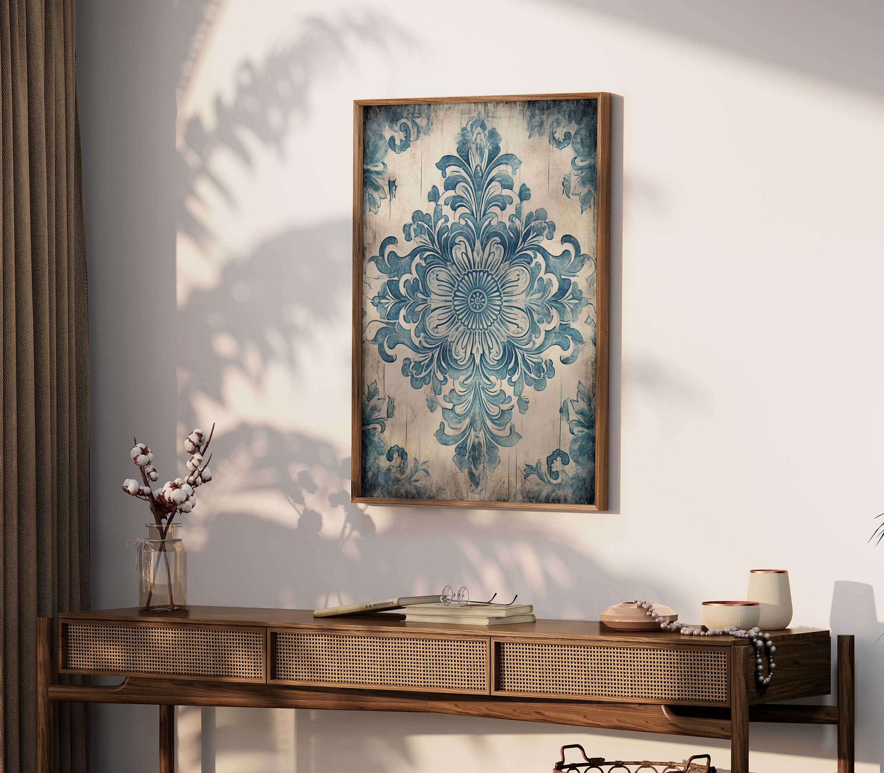 Blue Ornamental Design on Antique Wood, Decorative Floral Wall Art ...