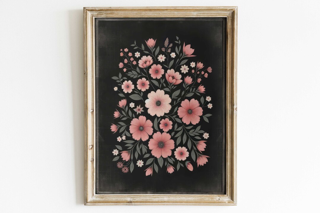Pink Flower Print, Farmhouse Nursery Decor, Black & Pink Floral Art ...