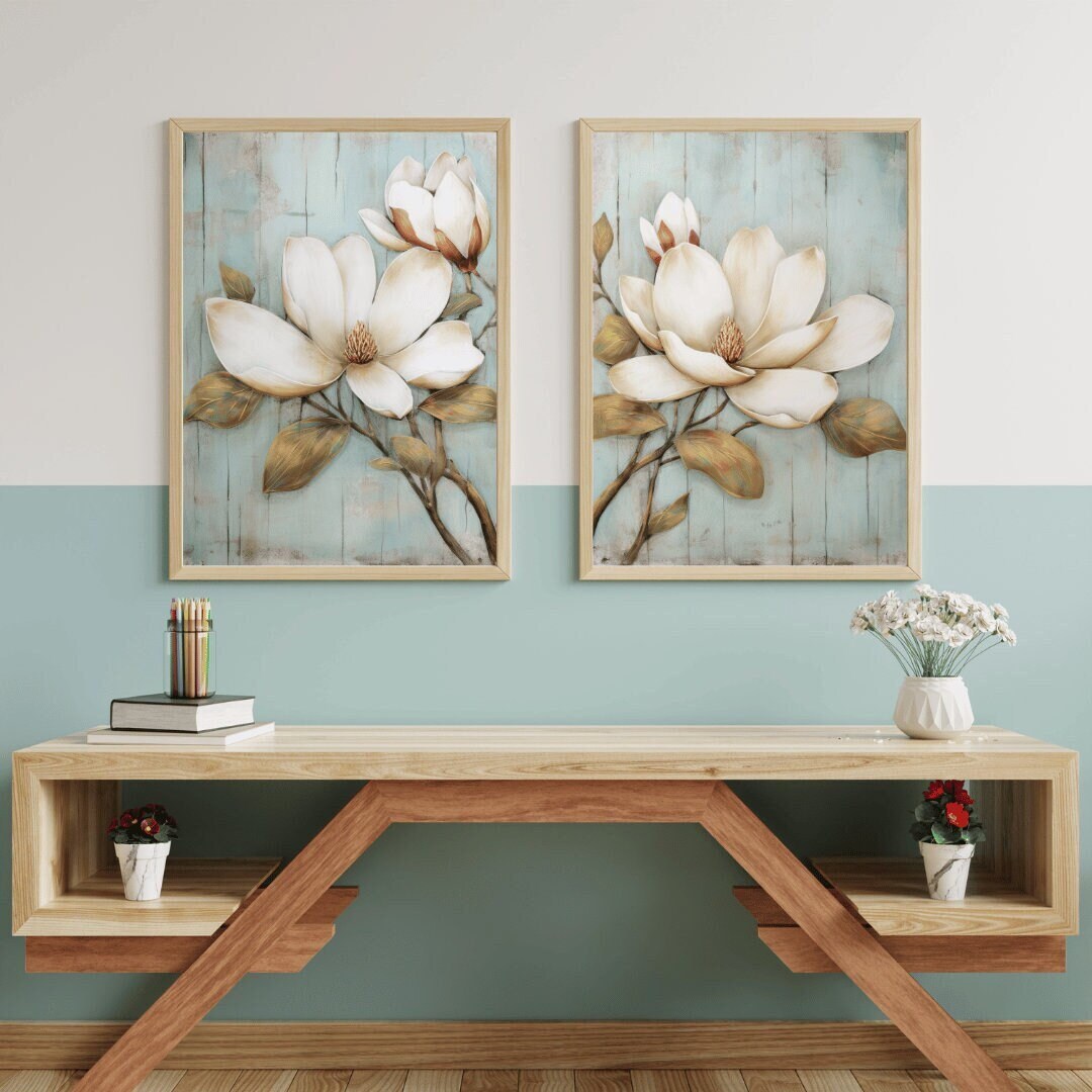 Magnolia Print, Rustic Floral Wall Art, Set of 2, Magnolia Flower Wall ...