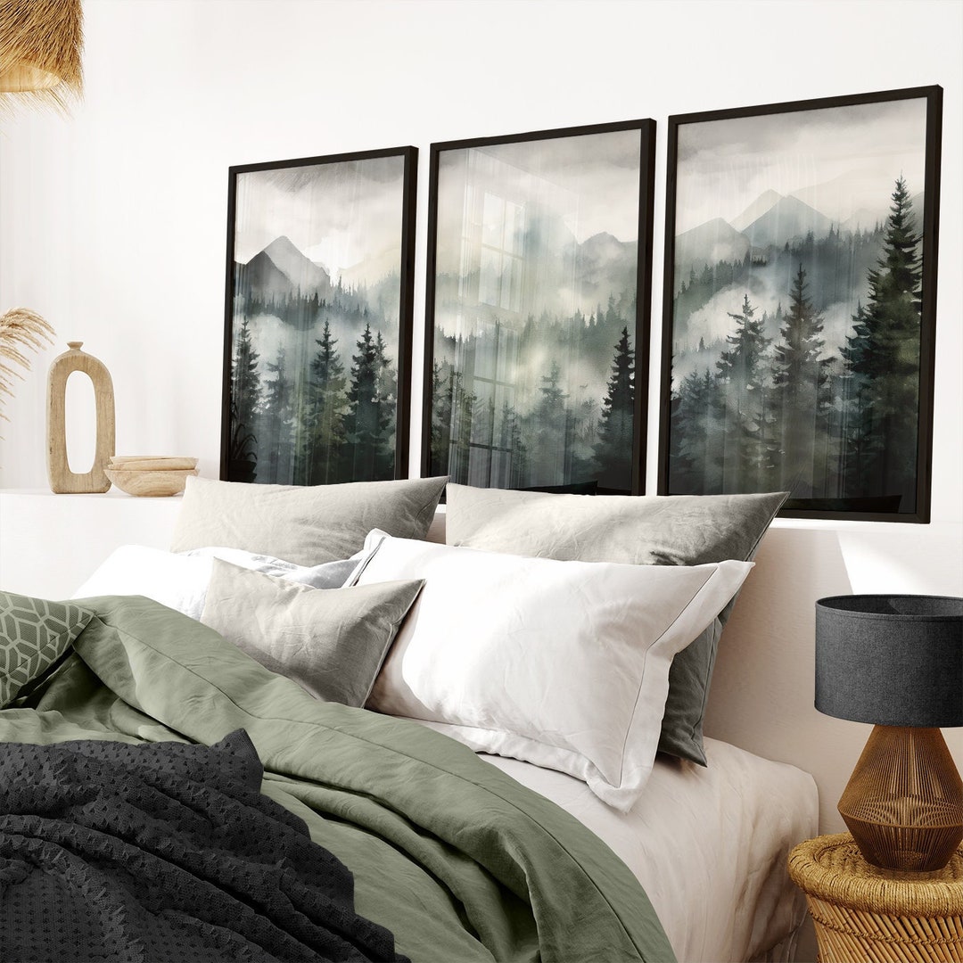 Watercolor Forest Landscape Wall Art, Set of 3, Dark Moody, Pine Forest ...