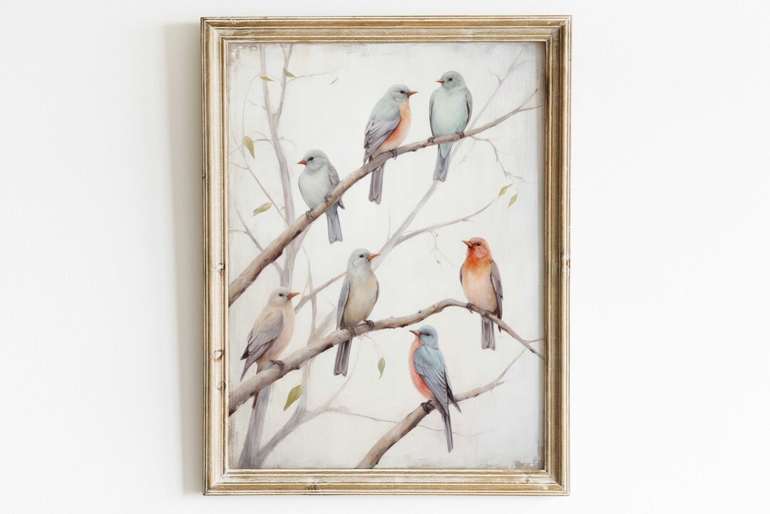 Vintage Bird Print, Birds in a Tree Painting, Tree Branches, Rustic ...