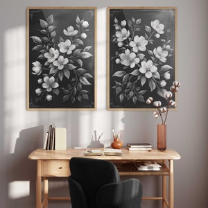 Black Floral Print, Floral Farmhouse Art, Black & White Flower Art, Set ...
