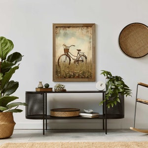 Vintage Bicycle Art Print, Bike & Wildflower Meadow Print, Rustic ...