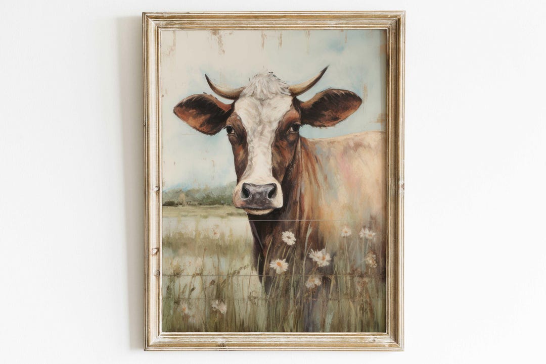 Vintage Cow Portrait, Whimsical Cow Wall Art, Cattle Art, Farmhouse ...