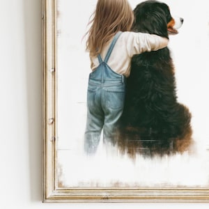 Girl & Bernese Mountain Dog Art Print, Bernese Mountain Dog Nursery Decor, Berner Sennen ...