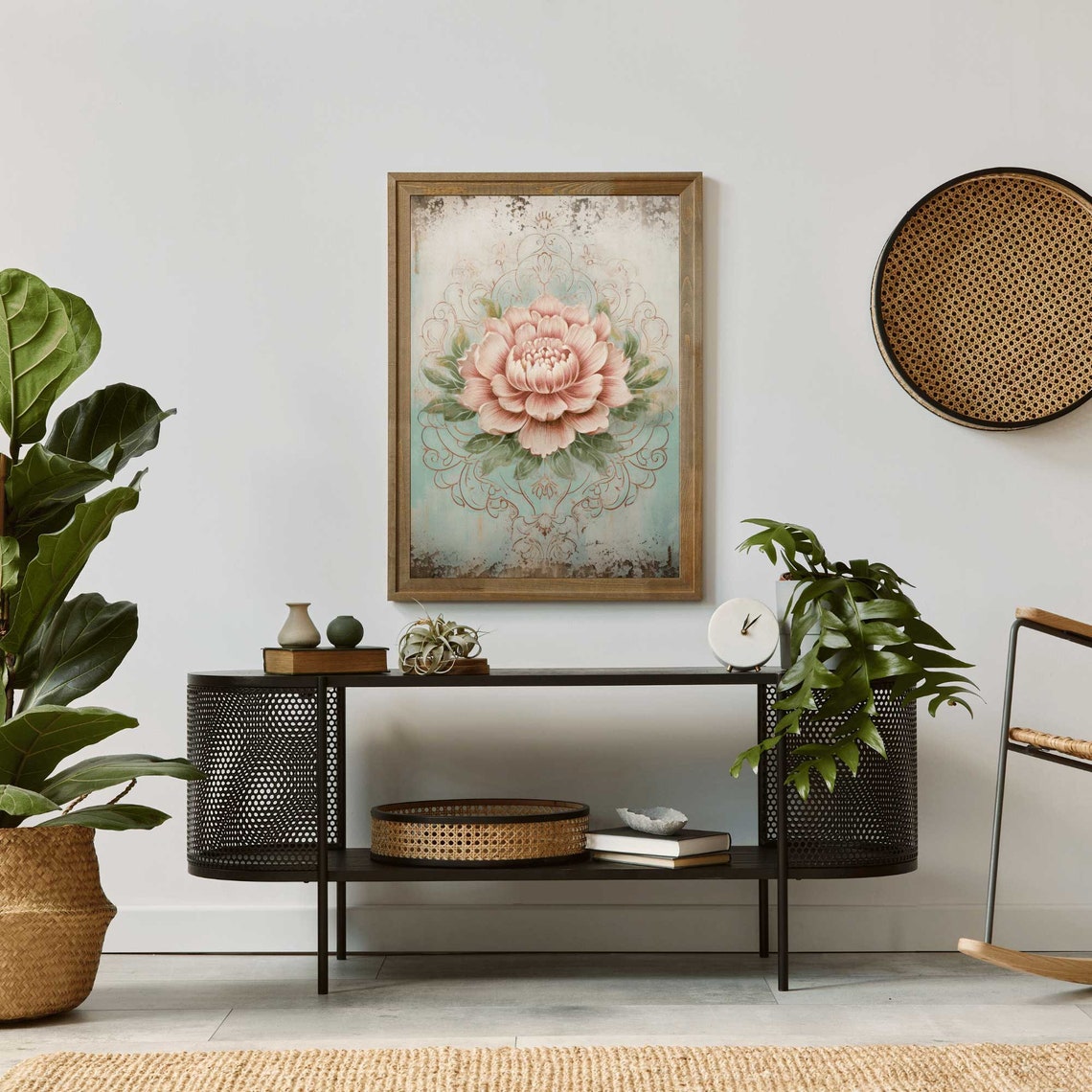 Ornamental Pink Flower Print, Rustic Floral Wall Art, Abstract Floral ...
