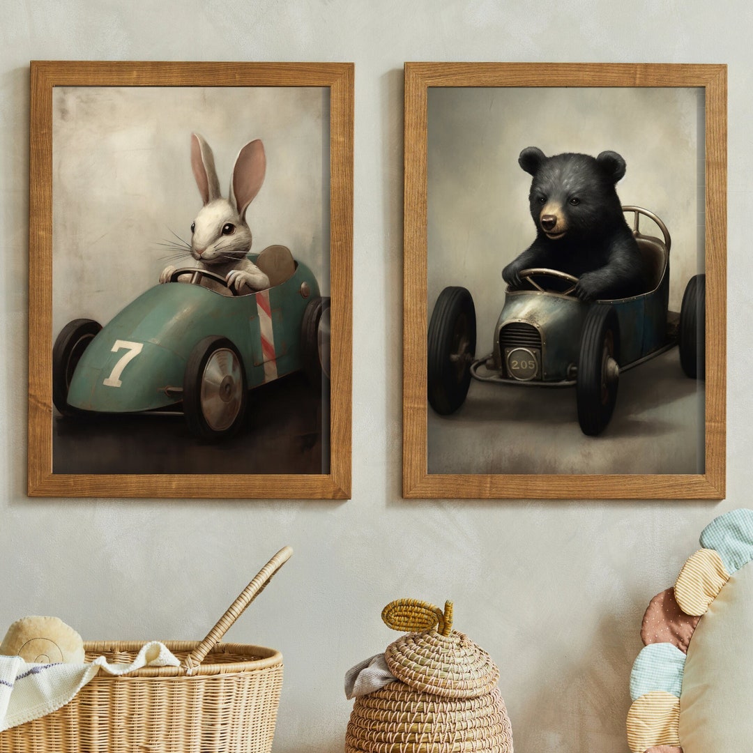 Nursery Car Prints, Unique Vintage Boys Room Decor, Animals Driving ...