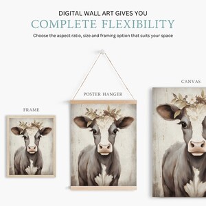 Vintage Cow Portrait, Animal With Flowers, Cow Wall Art, Rustic ...