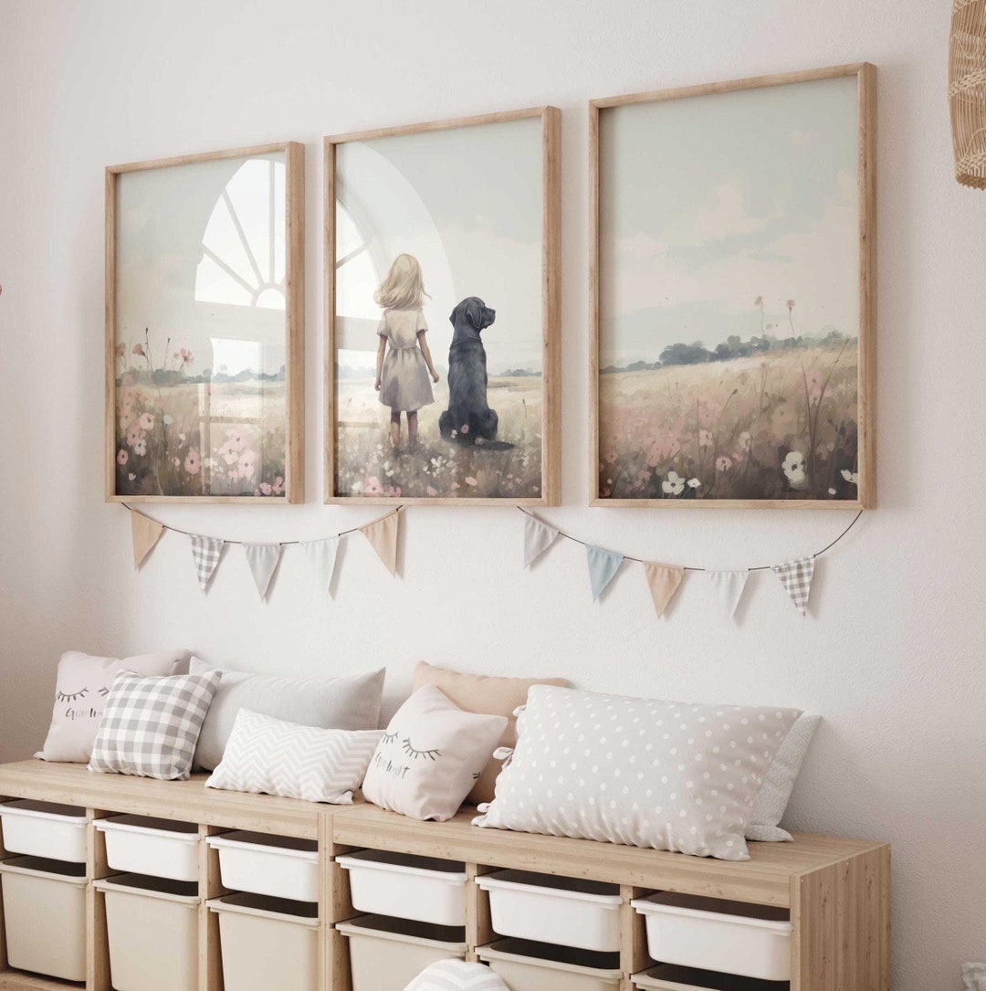 Labrador Nursery Decor, Girl & Dog Painting, Set of 3, Dog Nursery ...