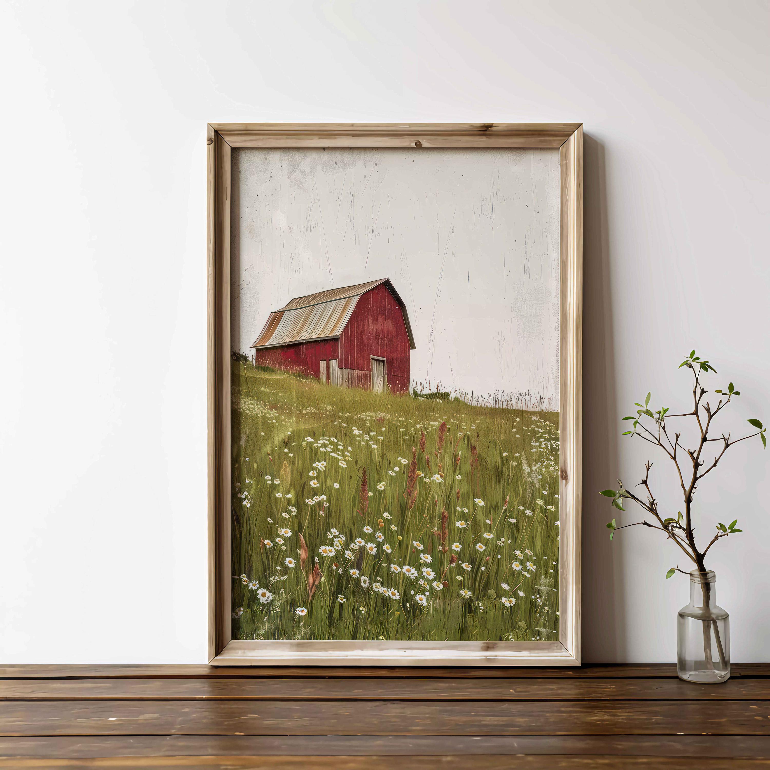 Red Barn Print, Vintage Farmhouse Decor, Farm Print, Wildflower Field ...
