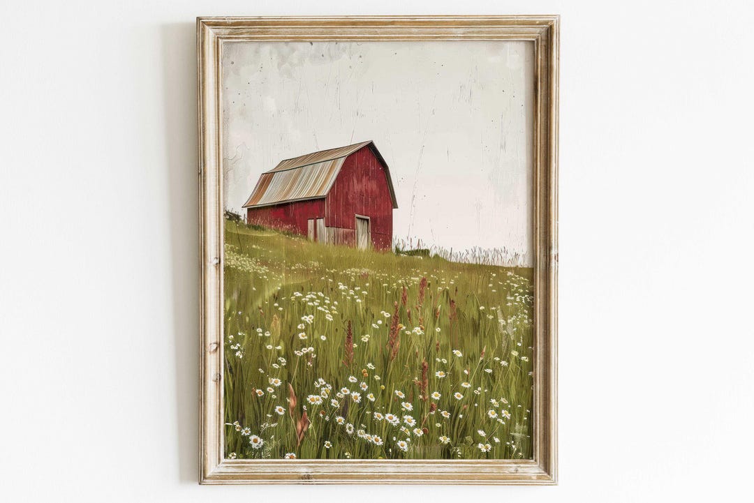 Red Barn Print, Vintage Farmhouse Decor, Farm Print, Wildflower Field ...