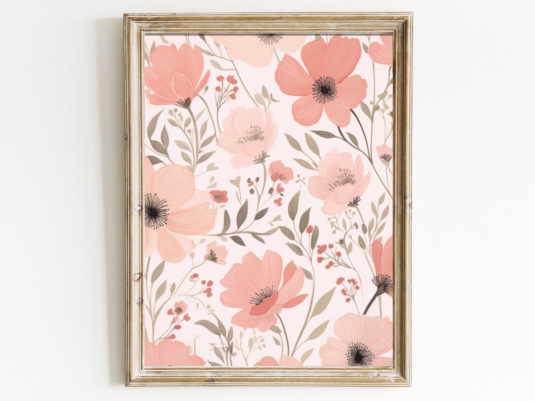 Pink Flowers Print, Floral Pattern Wall Art, Coral Color Floral Art ...