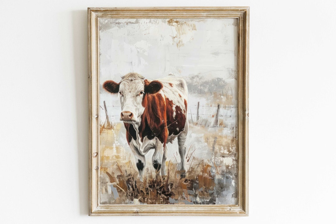 Cow Wall Art, Rustic Cow Painting, Vintage Farm Animal Print, Farmhouse ...