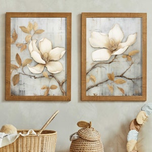 Magnolia Wall Art, Rustic Floral Wall Art, Set of 2, Magnolia Flower ...