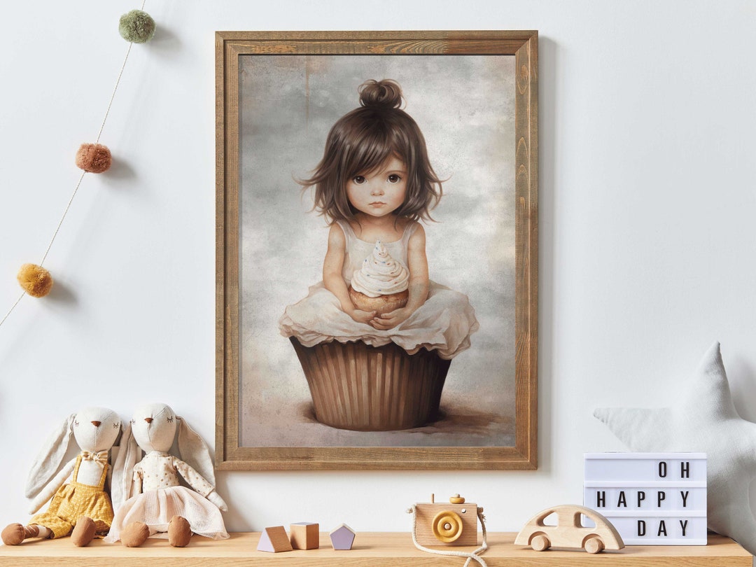 Girly Wall Decor, Unique Vintage Nursery Art, Cute Cupcake Girl, Wall ...