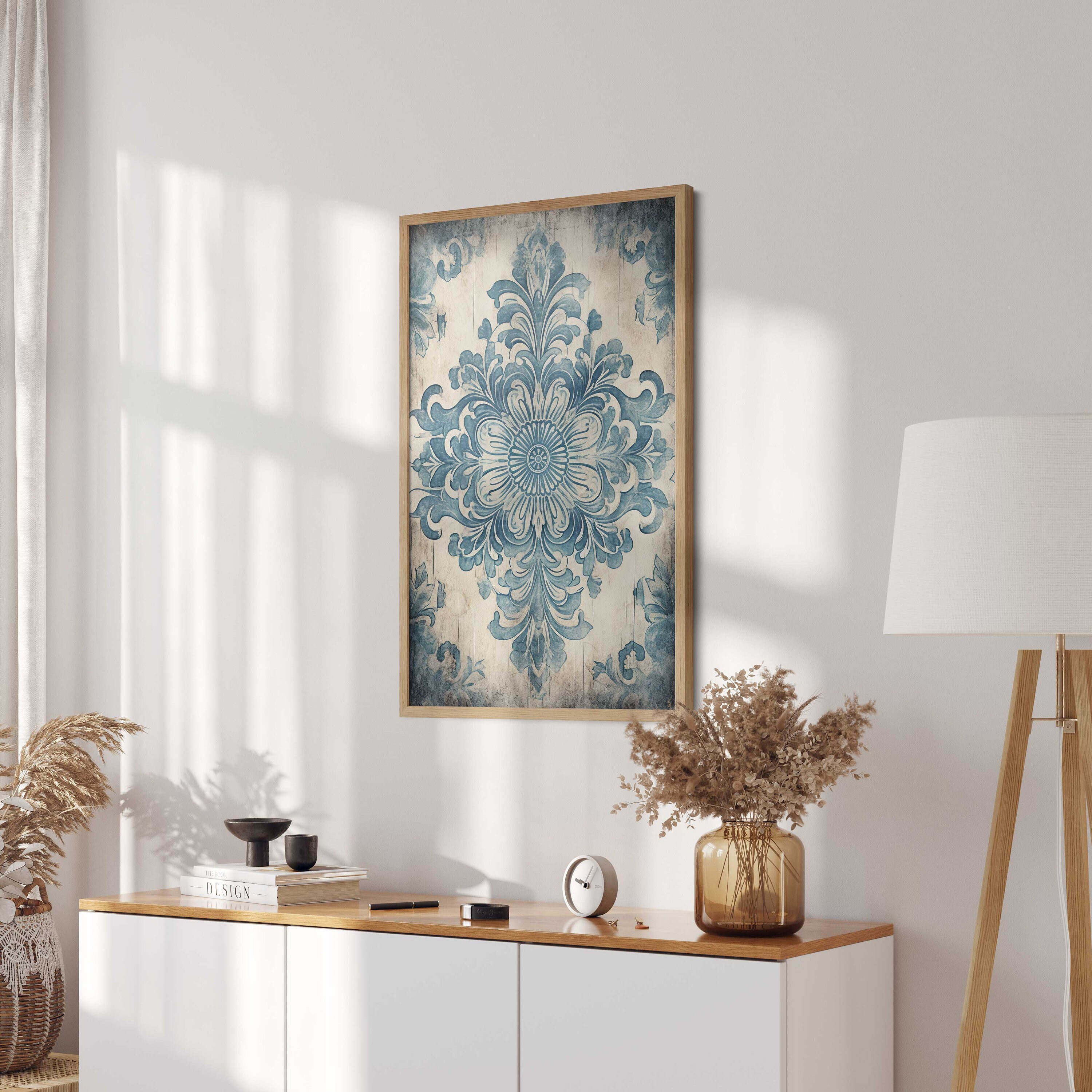 Blue Ornamental Design on Antique Wood, Decorative Floral Wall Art ...