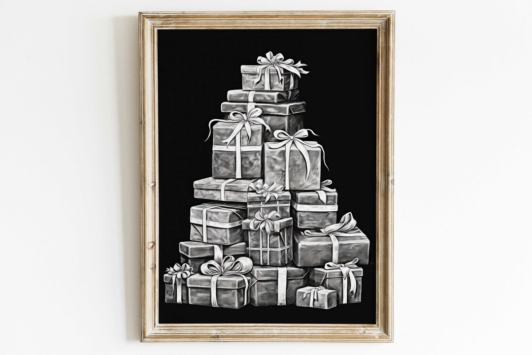 Christmas Gifts Print, Stack of Christmas Gifts, Chalkboard Art, Dark ...