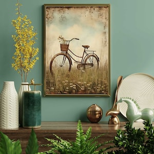 Vintage Bicycle Art Print, Bike & Wildflower Meadow Print, Rustic ...