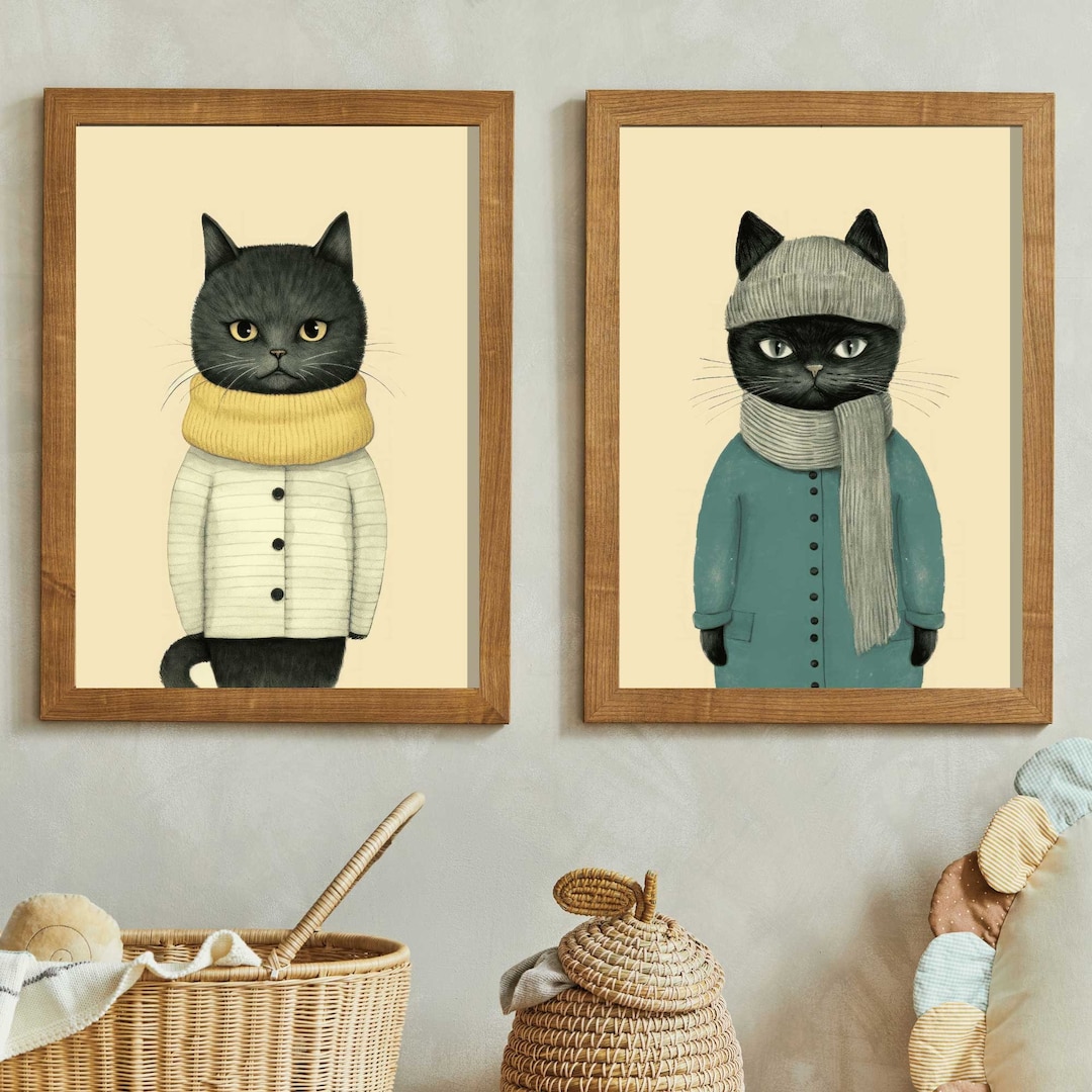 Cat Wall Art Set of 2, Funny Cat Prints, Kids Room Decor, Retro Cat Art ...
