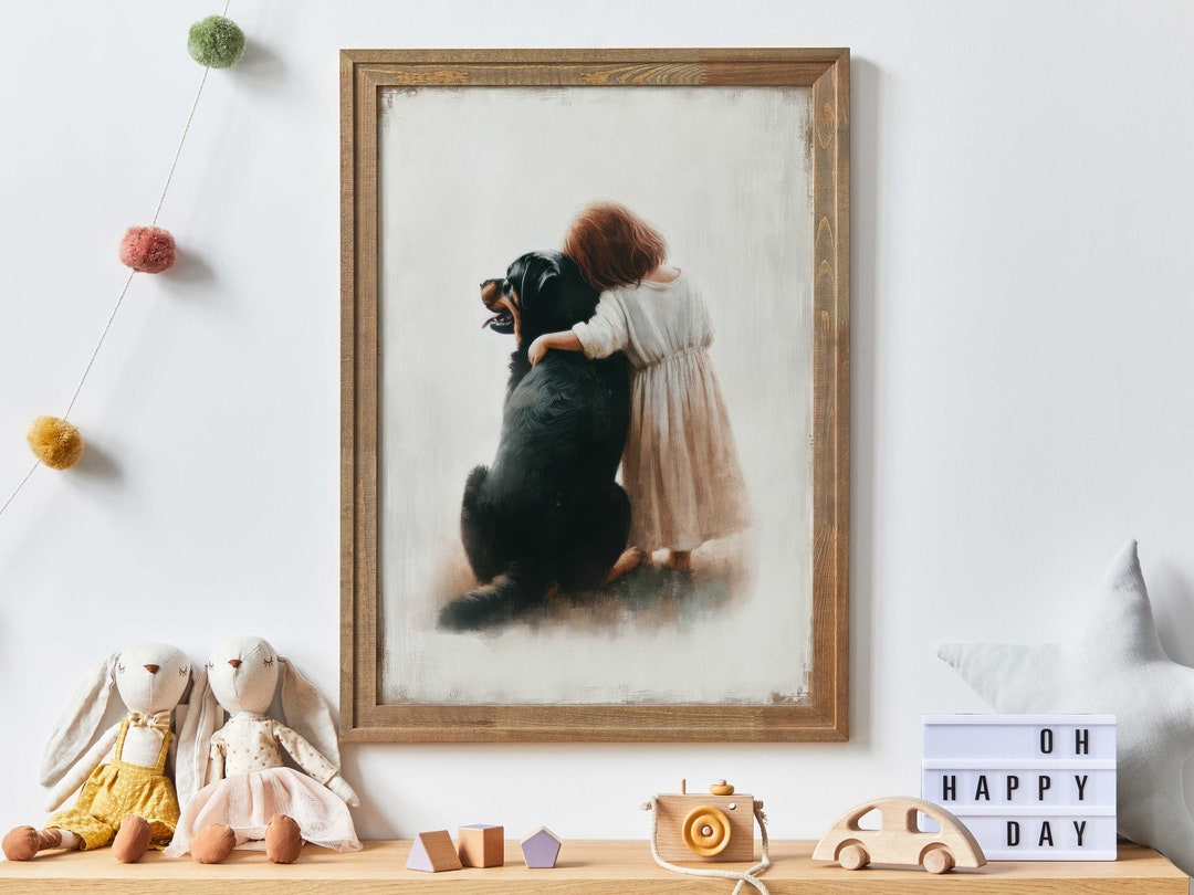 Rottweiler Nursery Decor, Girl & Dog Art Print, Rottweiler Painting ...