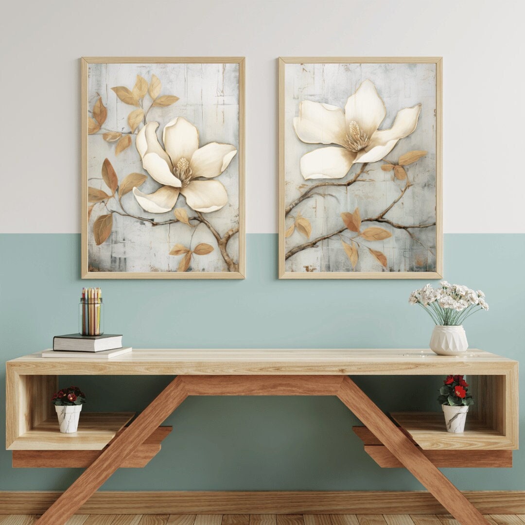 Magnolia Wall Art, Rustic Floral Wall Art, Set of 2, Magnolia Flower ...