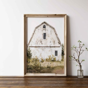 Barn Print, White Barn Painting, Rustic Farmhouse Decor, Vintage ...