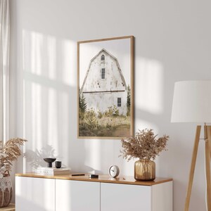 Barn Print, White Barn Painting, Rustic Farmhouse Decor, Vintage ...