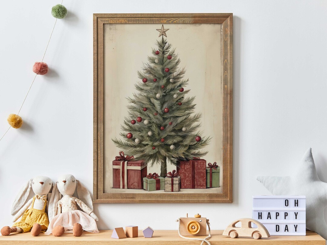 Christmas Tree Print, Christmas Gifts Print, Vintage Christmas Wall Art ...