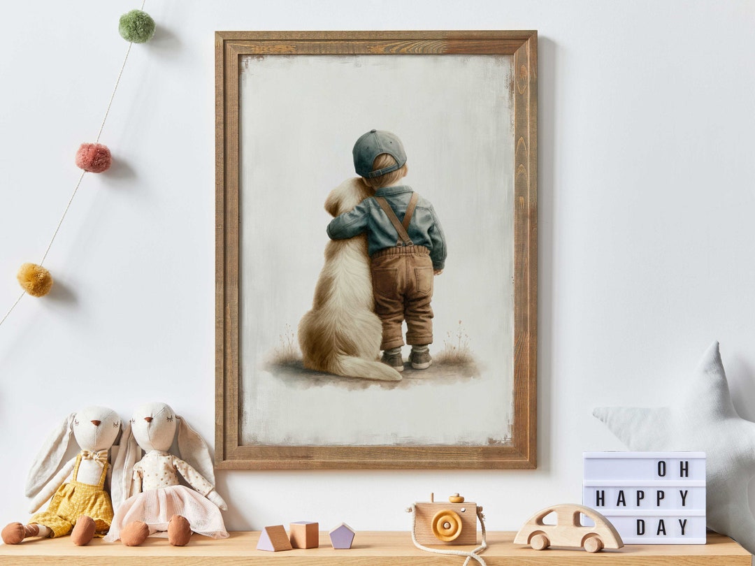 Golden Retriever Nursery Art, Boy & Dog Art Print, Pet Painting, Dog ...