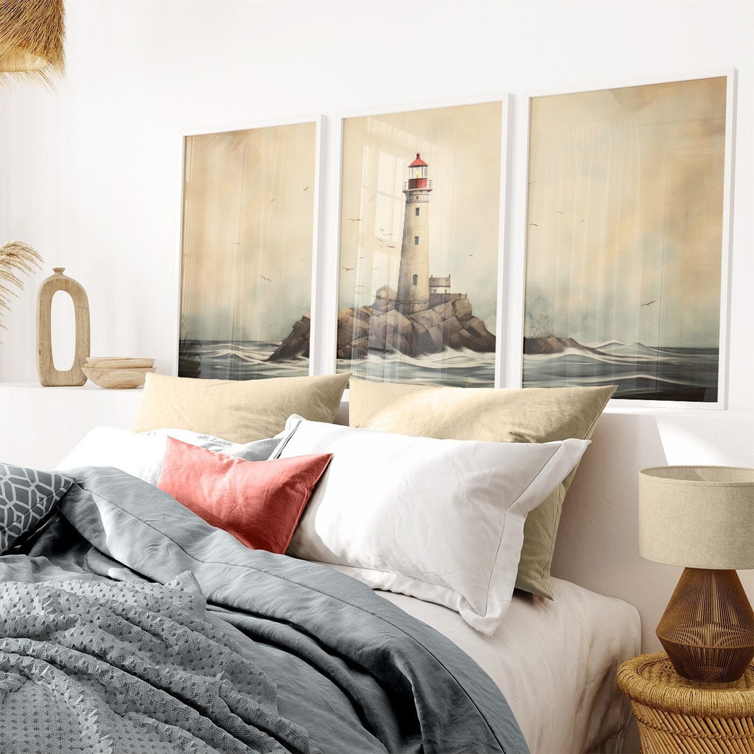 Nautical Wall Art, Lighthouse Prints, Set of 3, Triptych, Rustic Sea ...