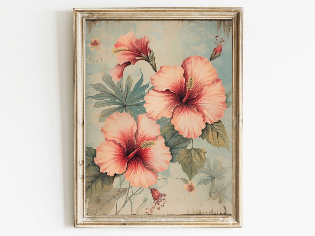 Pink Hibiscus Wall Art, Vintage Floral Decor, Rustic Flower Art Print ...