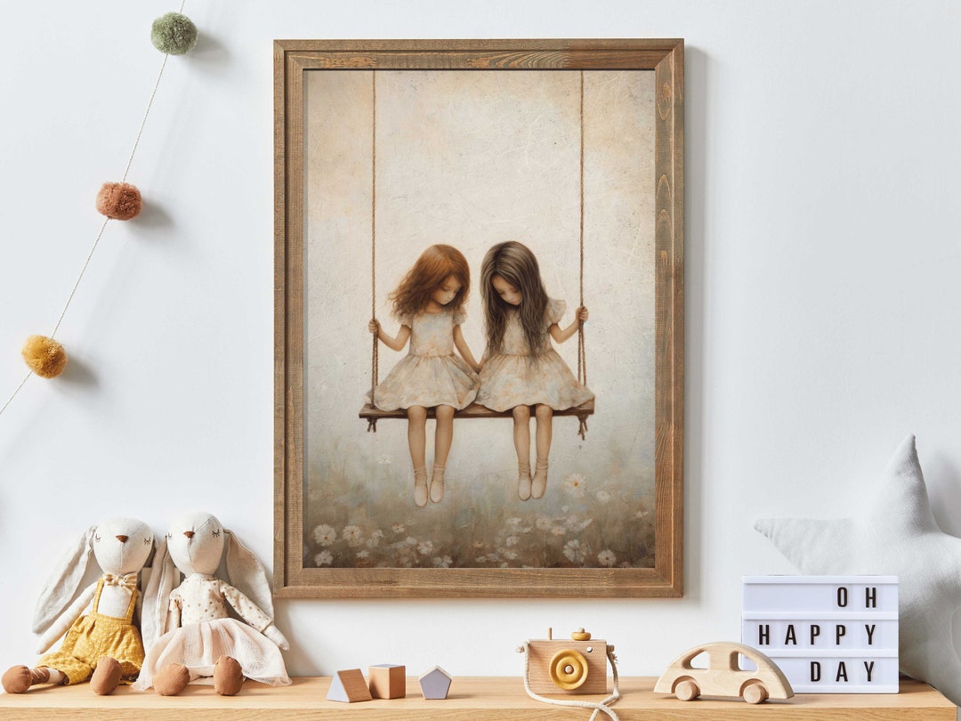Vintage Girls on Swing Art Print, Sisters or Best Friends Wall Art ...